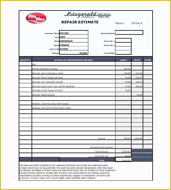 Printable Auto Repair Estimate Template Printable World Holiday