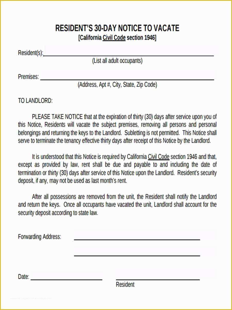 Free 30 Day Notice To Vacate California Template Of 30 Day Notice To 