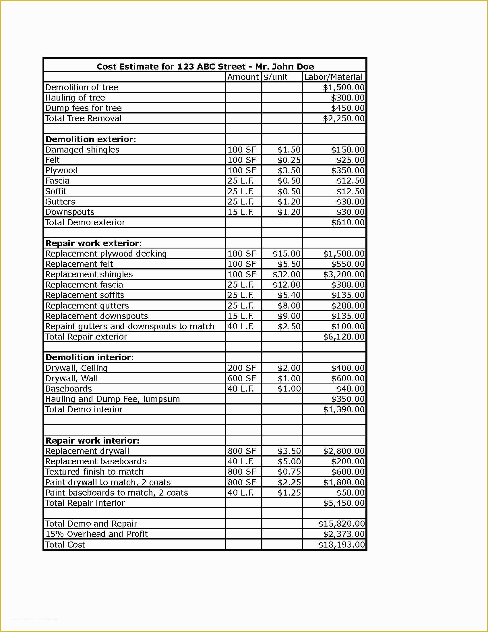 Free Roofing Estimate Template Of Roofing Quotes Examples Roofing 