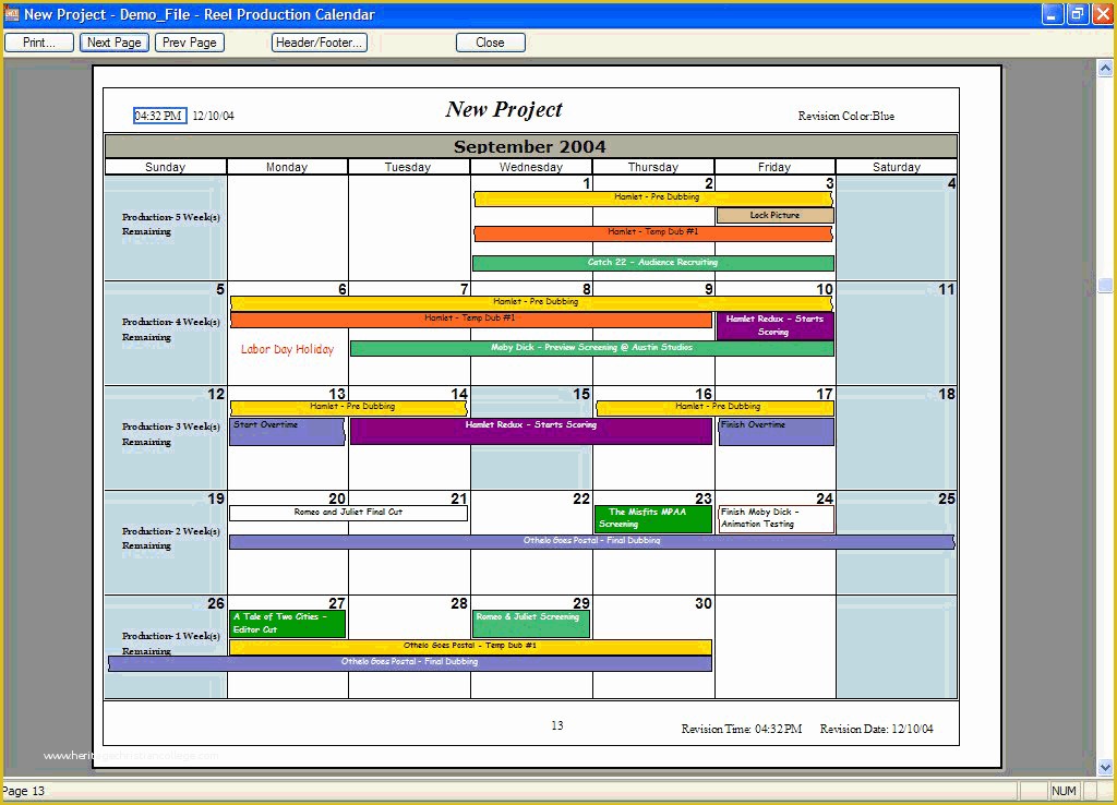 Film Schedule Template Free Of Production Calendar Template 