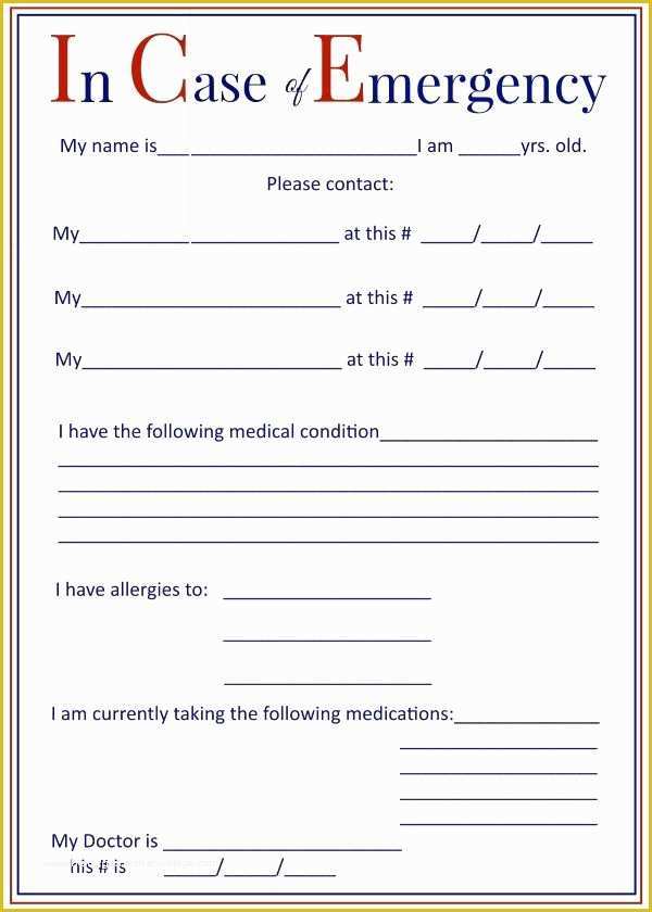 Free Emergency Contact Form Template For Employees Of I C E In Case Of Emergency Forms Keep In 