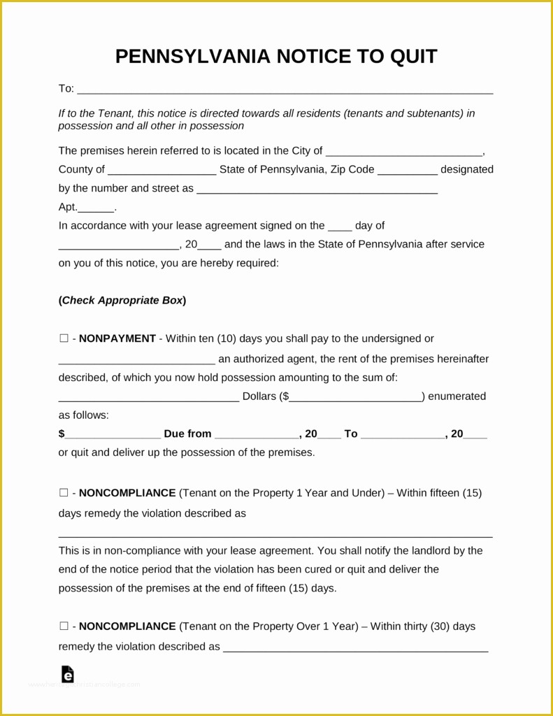 Eviction Notice Template Pennsylvania Free