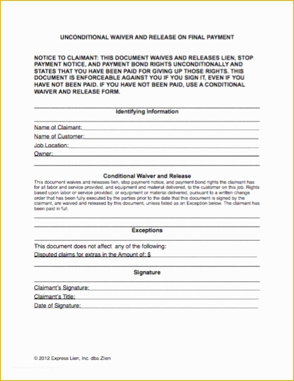Free Printable Lien Release Form Printable Forms Free Online