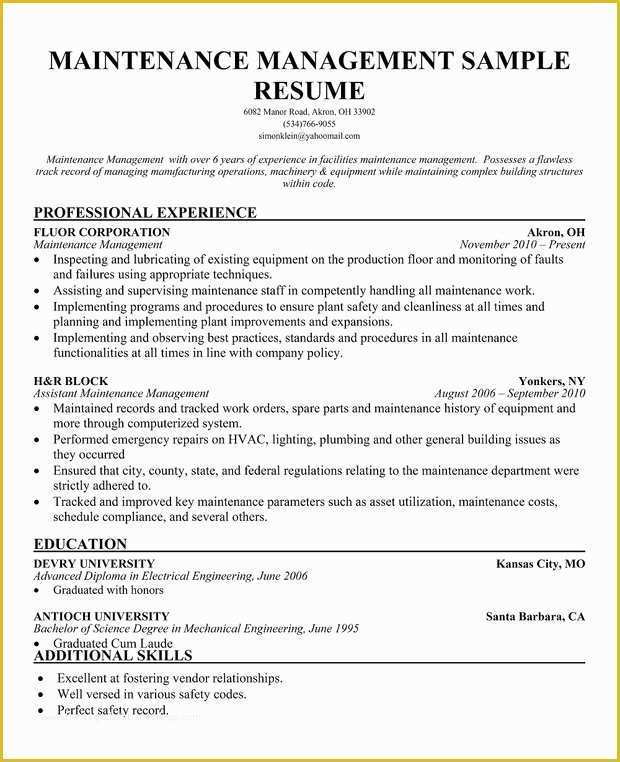 Free Maintenance Resume Templates Of Writing An Essay Draft Grand