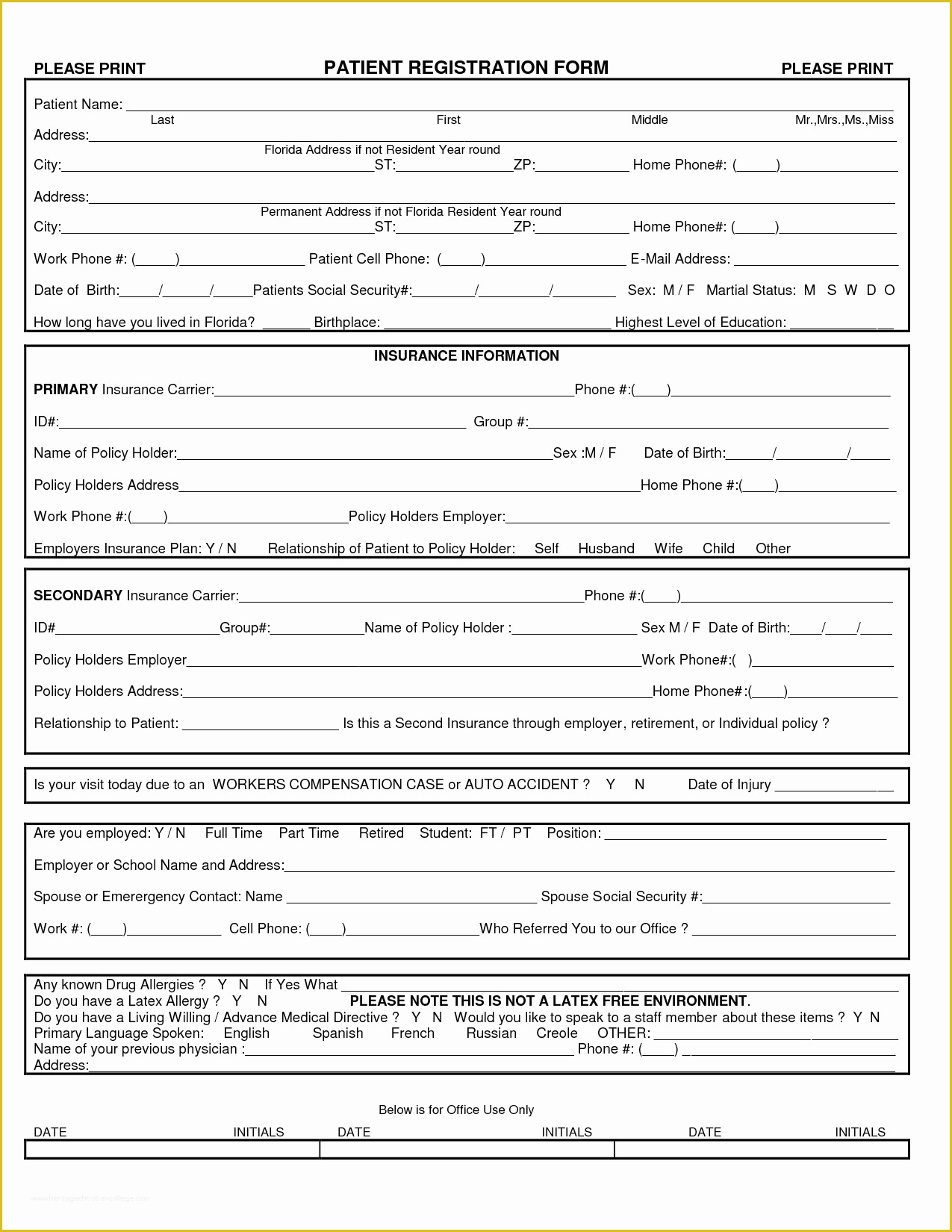 Sample Patient Registration Form Printable Medical Forms Letters Www