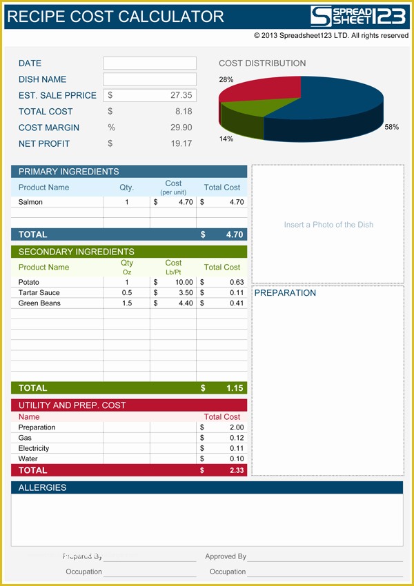Free Recipe Costing Template Of Recipe Cost Calculator For Excel 