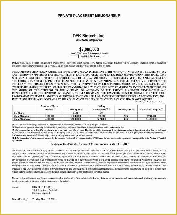 Free Sample Private Placement Memorandum Template Of Private Placement ... Free Sample Private Placement Memorandum Template Of Private Placement ...