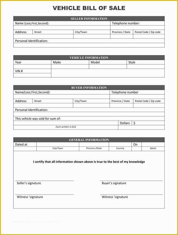 Free Vehicle Bill Of Sale Template Pdf Of Printable Sample Blank Bill