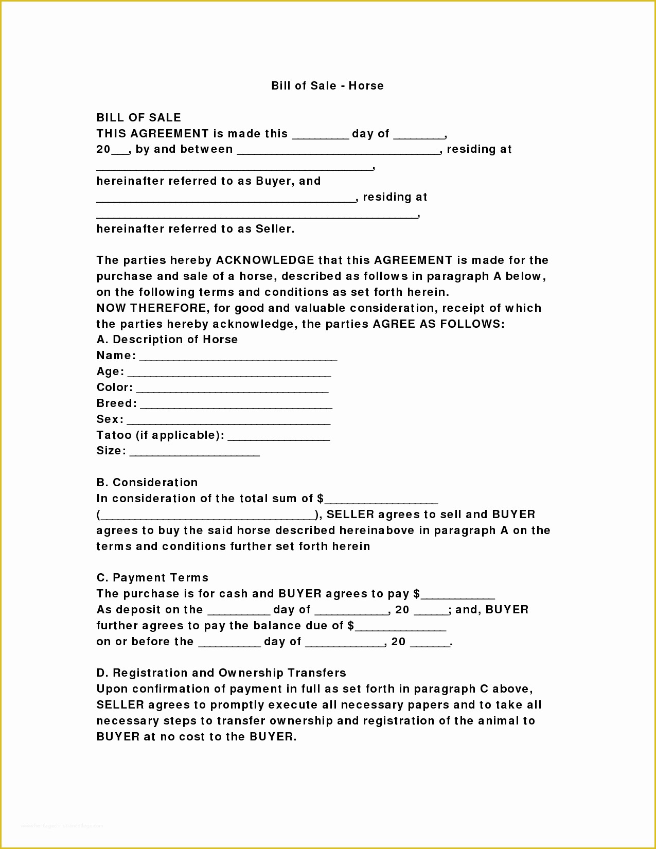 Horse Trailer Bill Of Sale Template
