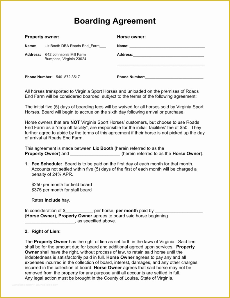 Horse Boarding Contract Template Free Of Horse Boarding Agreement 