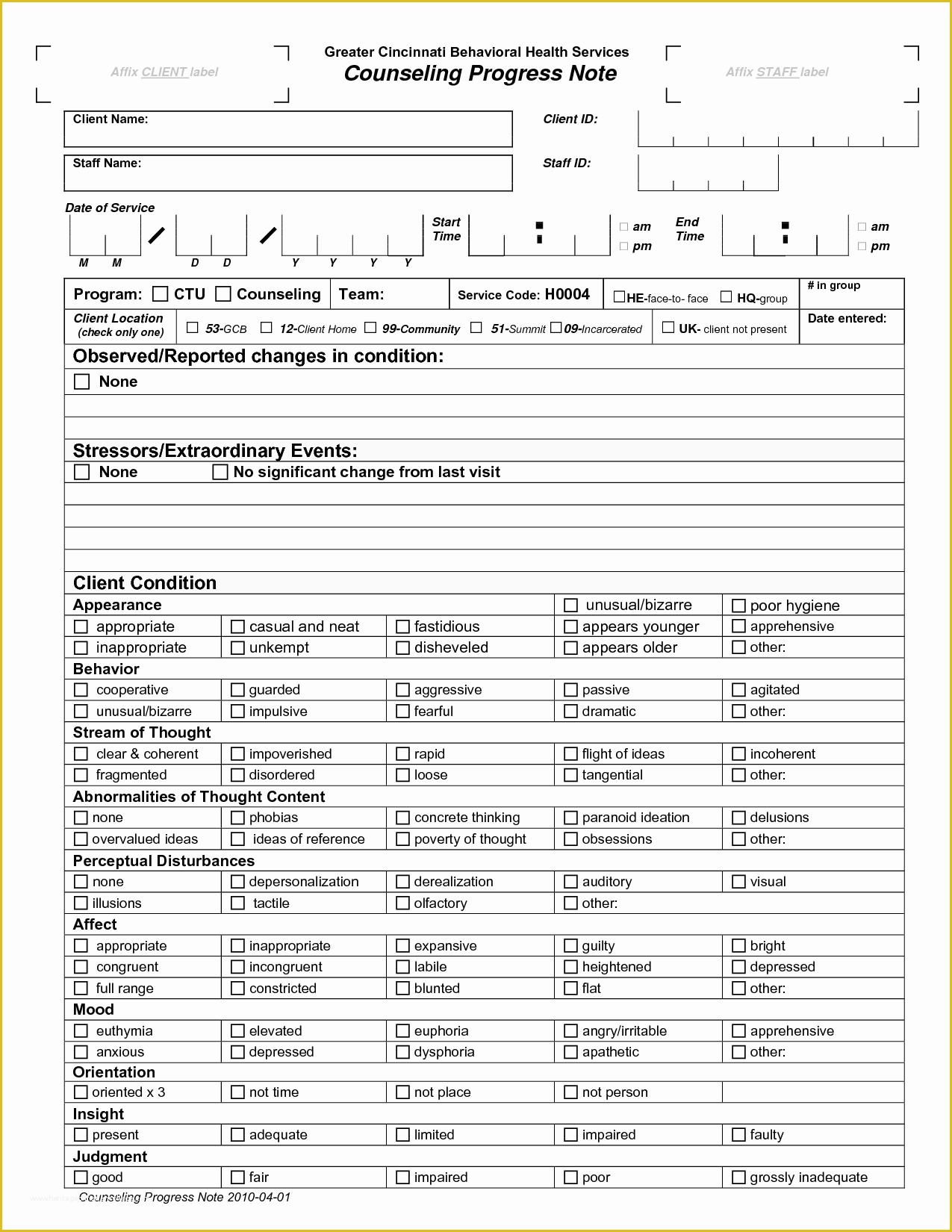 Mental Health Clinical Note Template